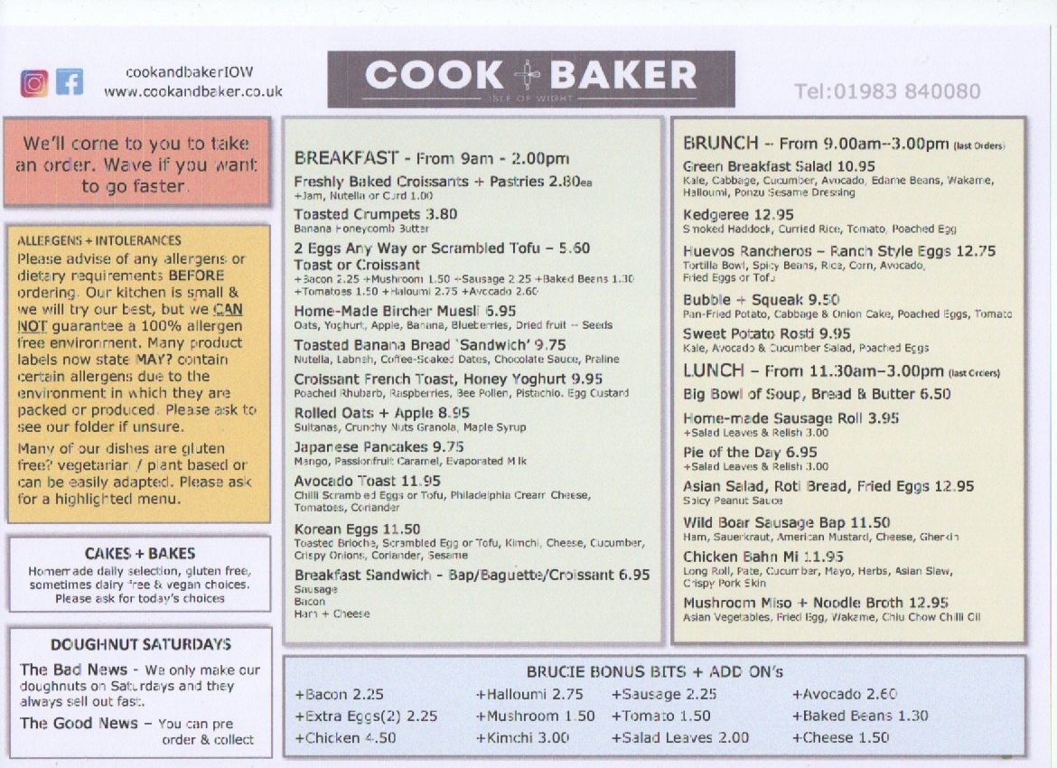 Menu | Cook + Baker
